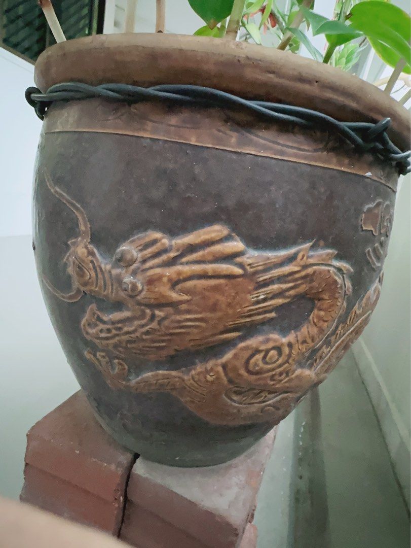 Vintage Antique Chinese Dragon Pot with Plant, Furniture & Home Living ...