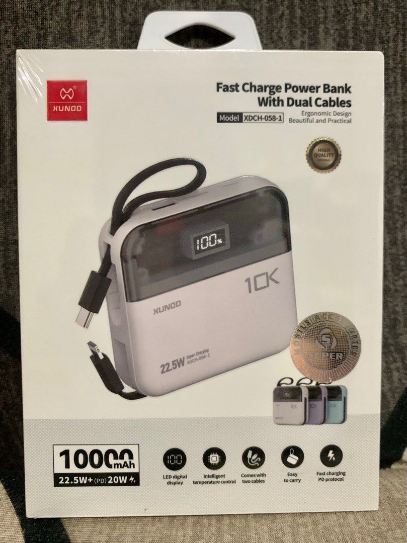 XUNDD 10000MAH FAST CHARGE POWER BANK WITH DUAL BUILT IN CABLES 22.5W ...