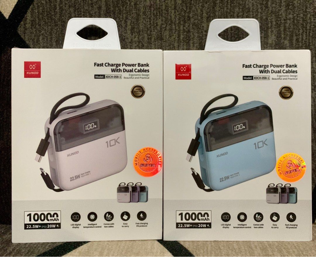 XUNDD 10000MAH FAST CHARGE POWER BANK WITH DUAL BUILT IN CABLES 22.5W ...