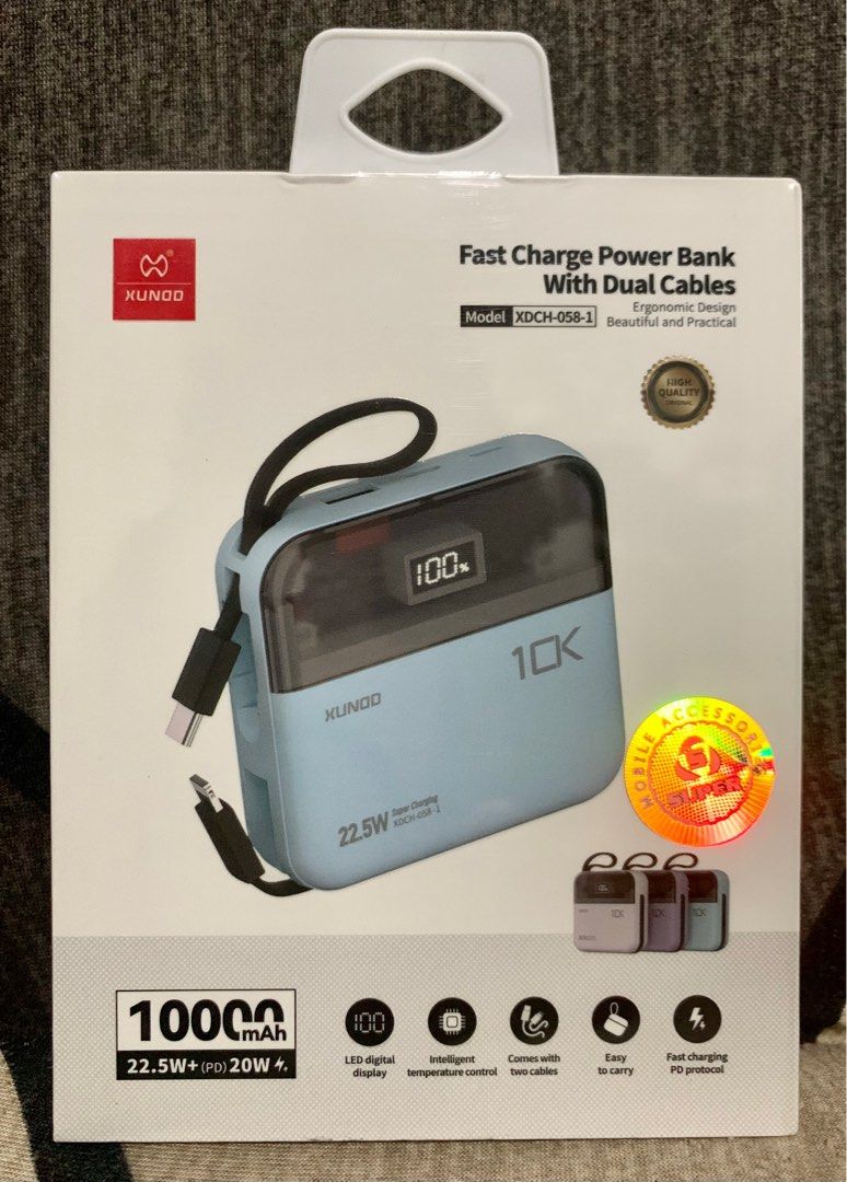 XUNDD 10000MAH FAST CHARGE POWER BANK WITH DUAL BUILT IN CABLES 22.5W ...