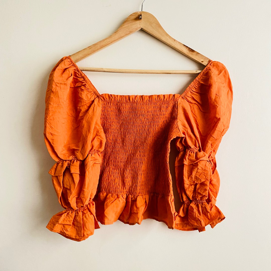 Bershka Orange Smocked Puffed Top, Women's Fashion, Tops, Blouses on ...