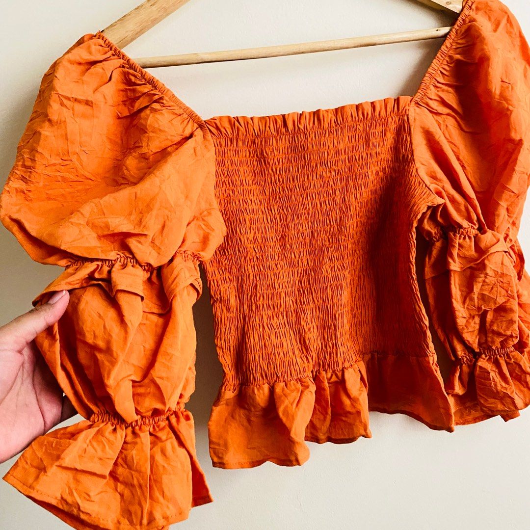 Bershka Orange Smocked Puffed Top, Women's Fashion, Tops, Blouses on ...