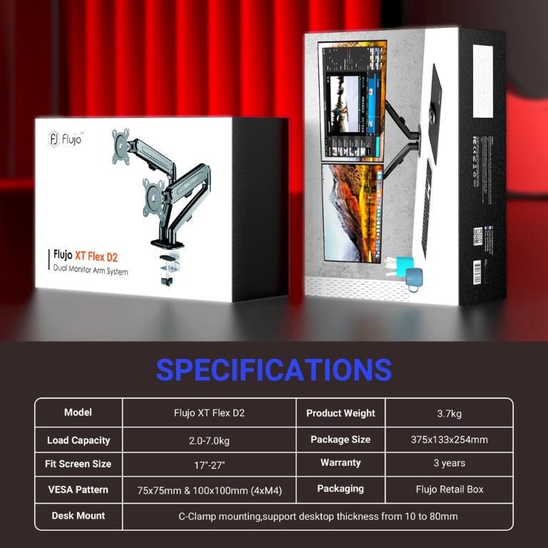 BNIB Flujo XT Flex D2 Dual Monitor Arm Stand, Computers & Tech, Parts ...