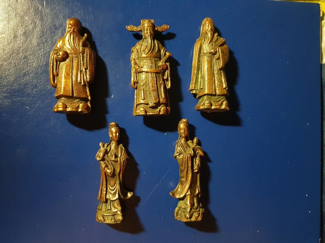 Chinese Solid Brass Miniature "3 Star Deities + 2 Female Deities ...