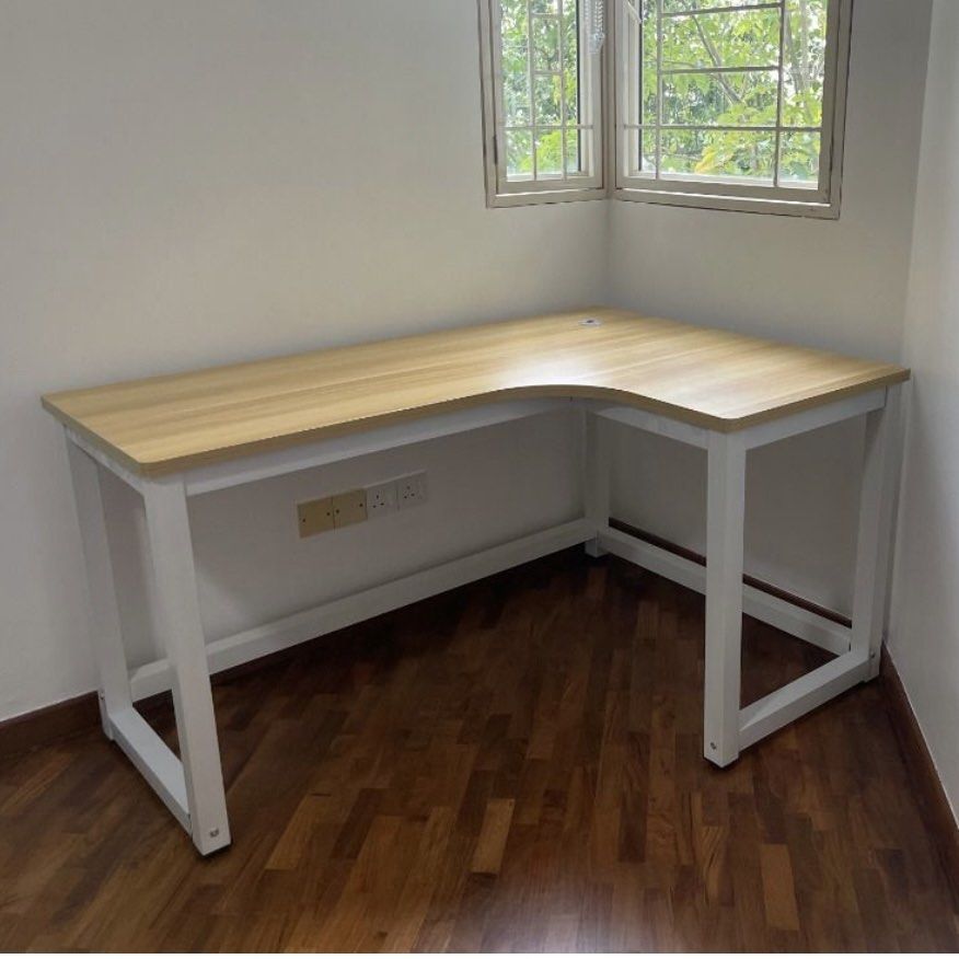 L Shaped Wood Table with Metal Legs, Furniture & Home Living, Furniture ...