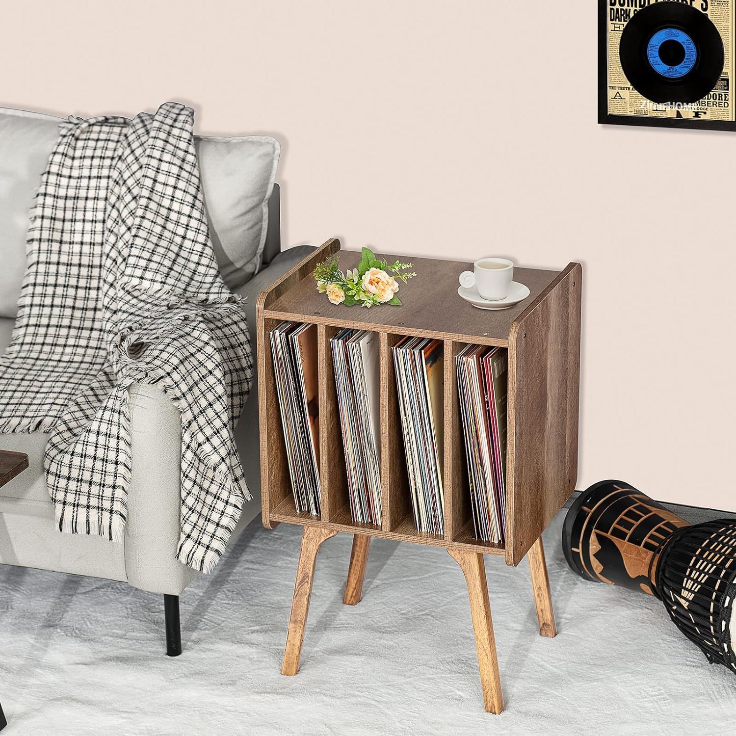 LELELINKY Record Player Stand,Vinyl Record Storage Table with 4 Cabinet ...