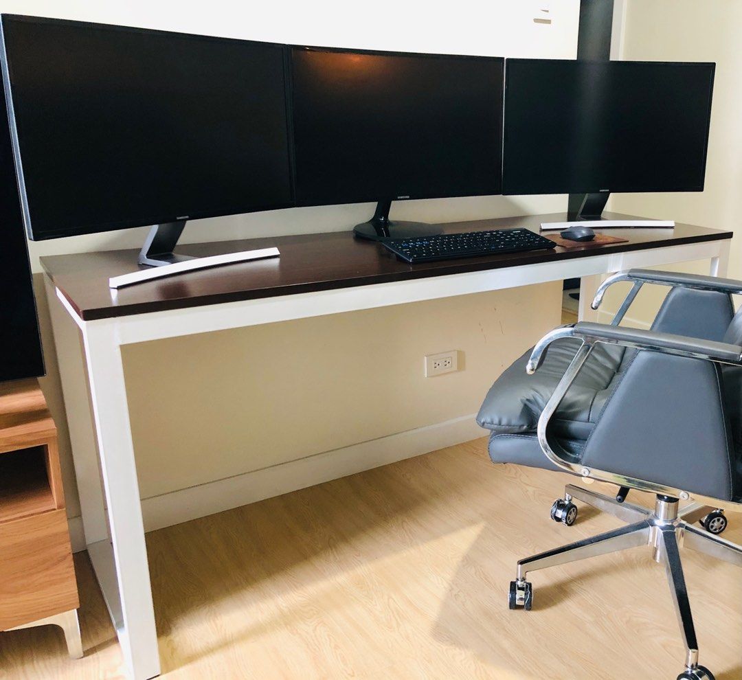 Long Office Table for 3 Monitors, Furniture & Home Living, Office ...