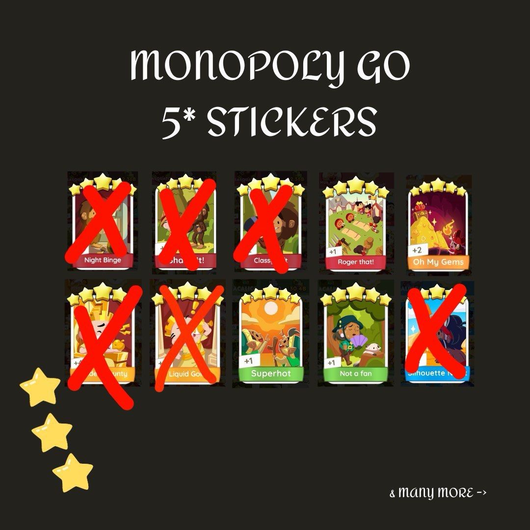 Monopoly Go 5* Stickers Golden Bounty Night Binge Shake It Classy Gift ...