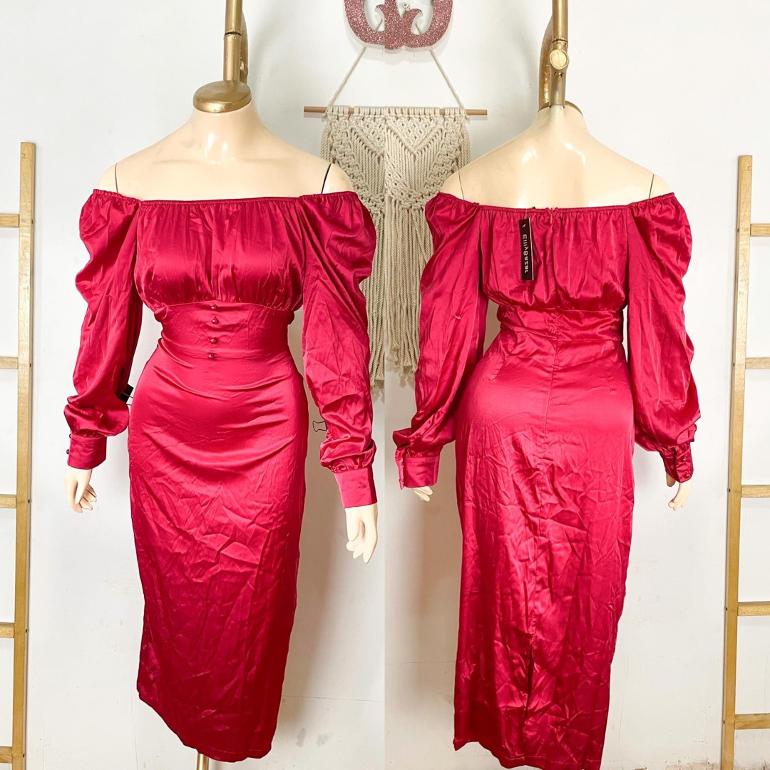 Red Puff Silk Dress, Women's Fashion, Dresses & Sets, Evening dresses ...