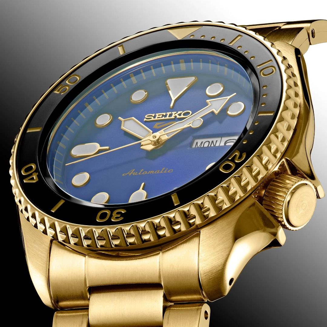Seiko 5 Sports Gold Finish Blue Dial Black Bezel Stainless Steel ...