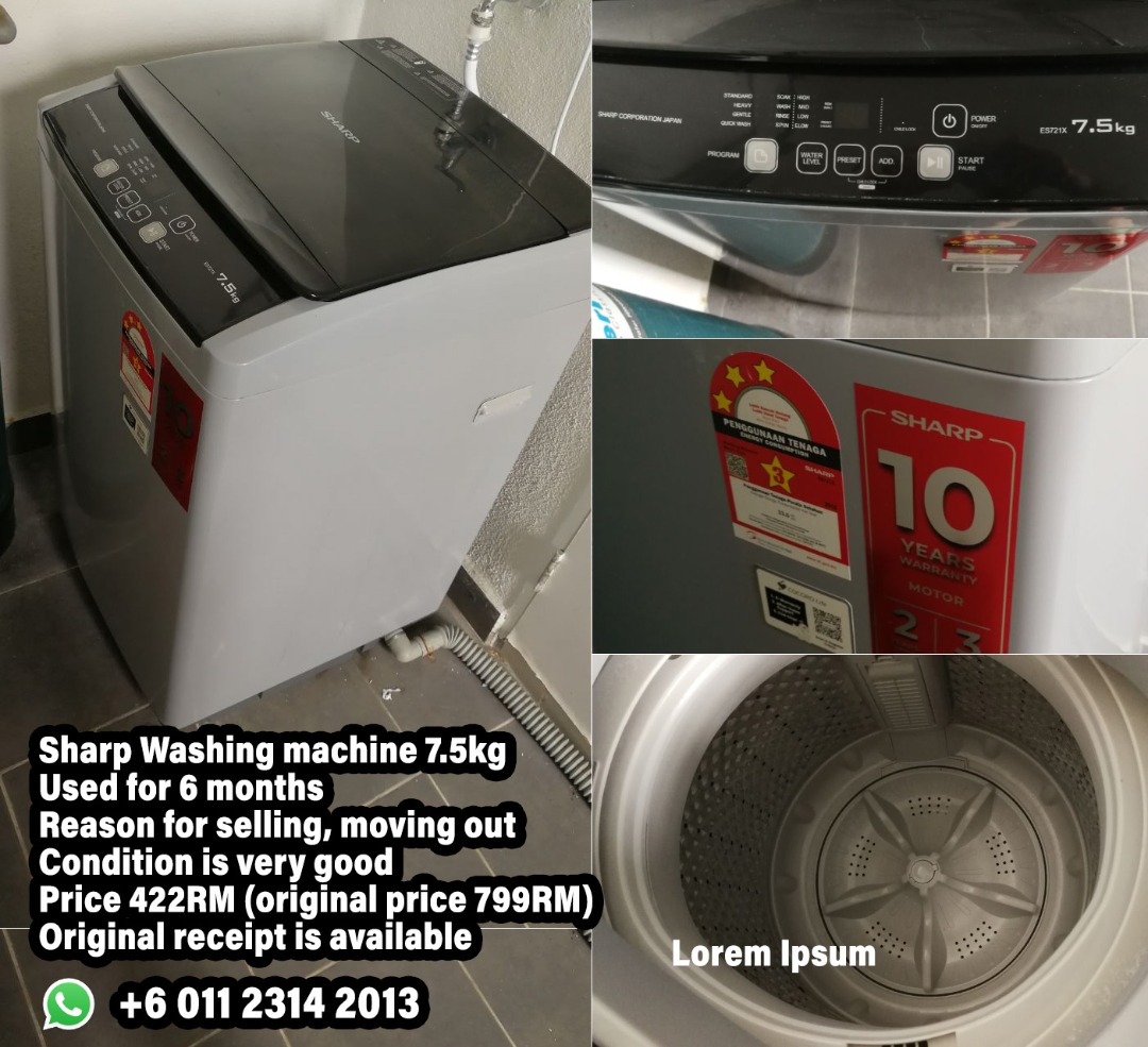 SHARP 7.5KG FULLY AUTO WASHING MACHINE WASHER ES721X, TV & Home ...