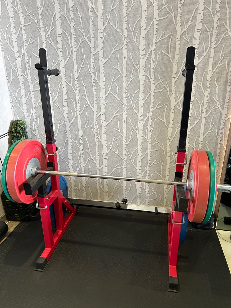 Squat & bench press rack with weights & barbell bar, Sports Equipment ...