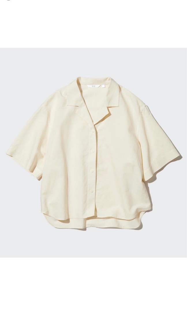 Uniqlo Linen Boxy Polo Blouse (Beige-ish/Dirty White), Women's Fashion ...