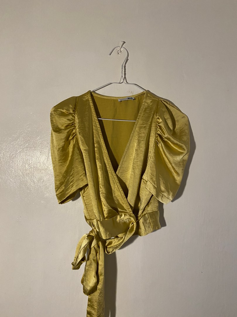 Yellow/Gold Satin Puff Sleeve Wrap Top, Women's Fashion, Tops, Blouses ...
