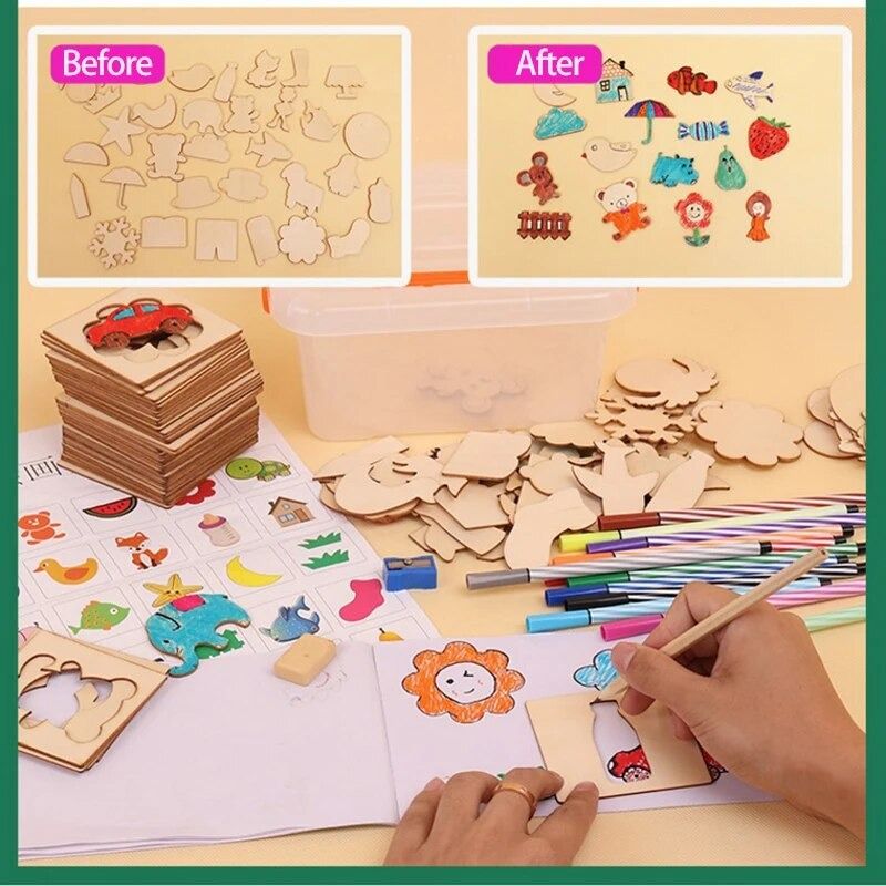 100pcs Baby Drawing Toys Wooden Painting Templates Drawing Board Kids ...