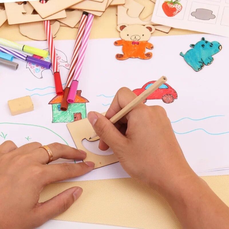 100pcs Baby Drawing Toys Wooden Painting Templates Drawing Board Kids ...
