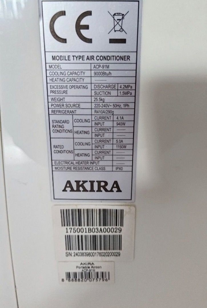 Akira 9K BTU Portable Air Conditioner Aircon, TV & Home Appliances, Air ...