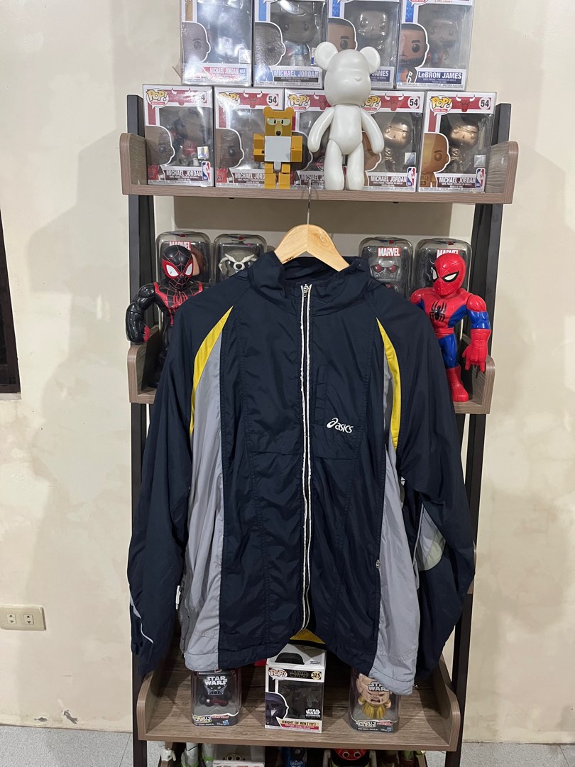 Asics Windbreaker Hoodie Jacket/ Navy Blue, Yellow and Gray/ Large, Men ...