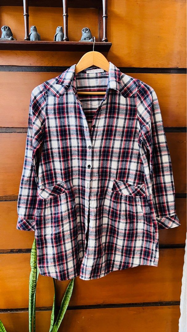 Checkered Long Longsleeves Korean OOTD, Women's Fashion, Tops ...