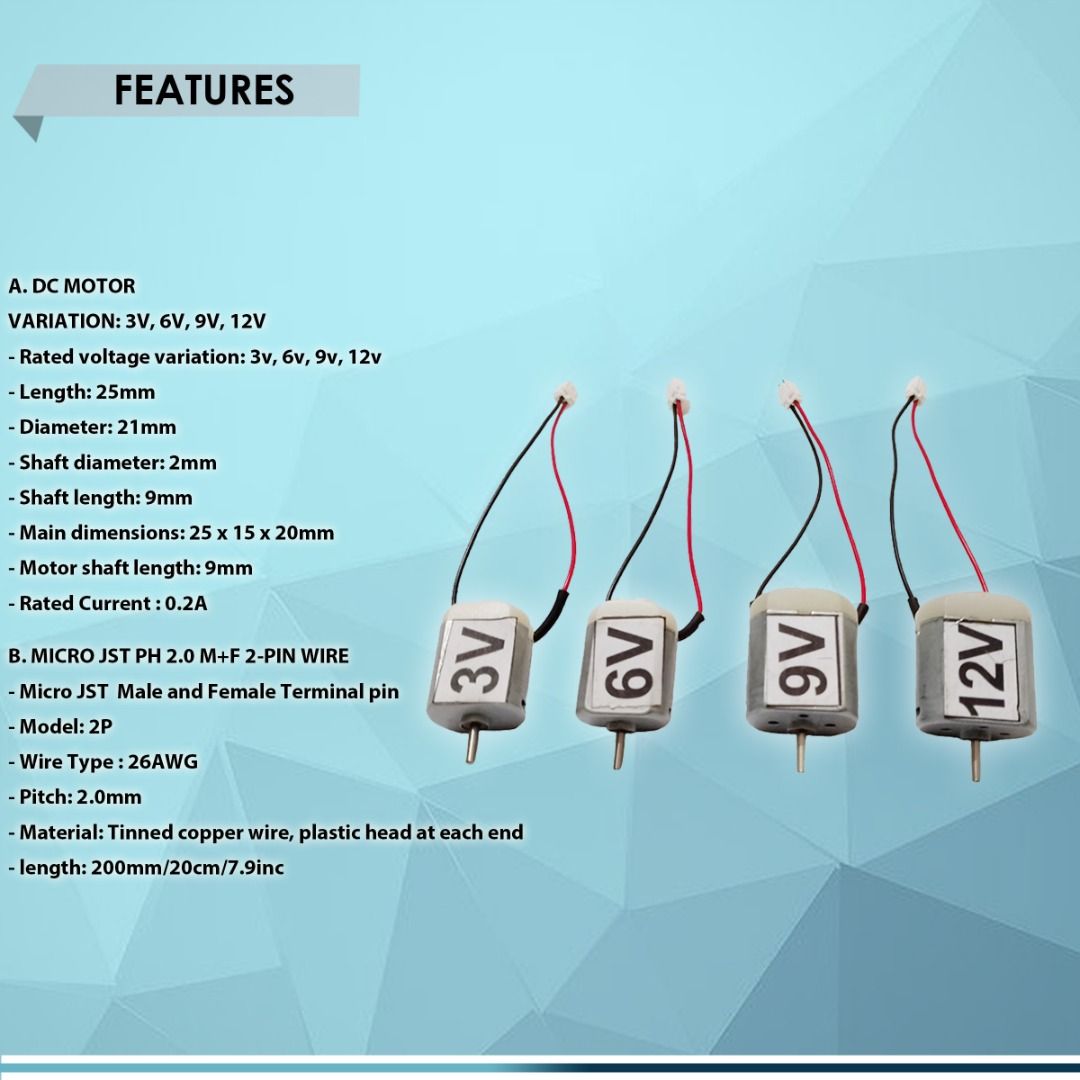 DC MOTOR with MICRO JST PH 2.0 M+F 2-PIN WIRE, 130-SIZE, BEST for USB ...