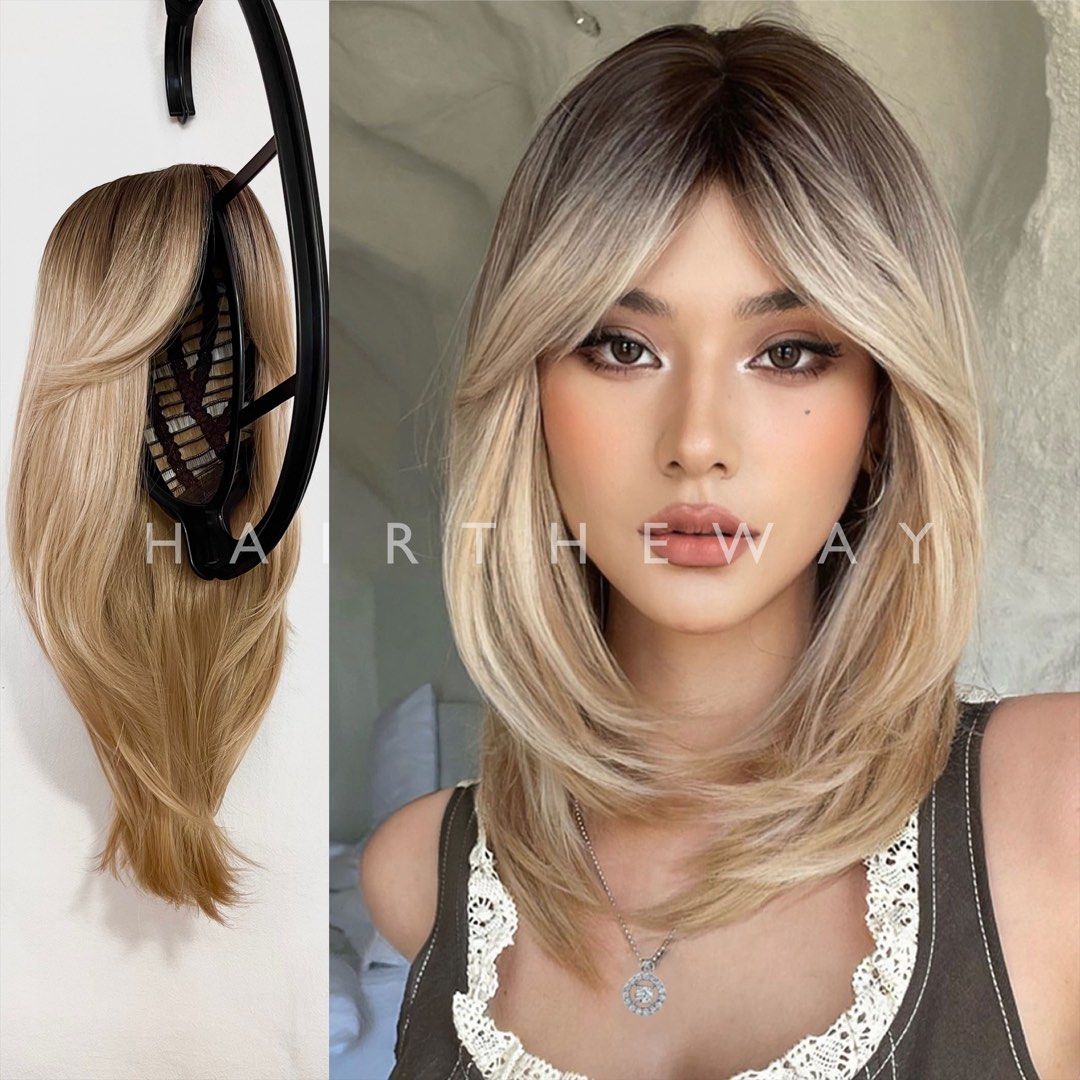 HANA | Blonde Hair Wig Curtain Bangs Side Fringe Shoulder Length Female ...