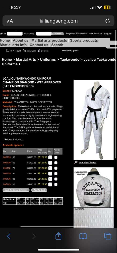 JC Champion black belt taekwondo dobok/ uniform, Sports Equipment ...