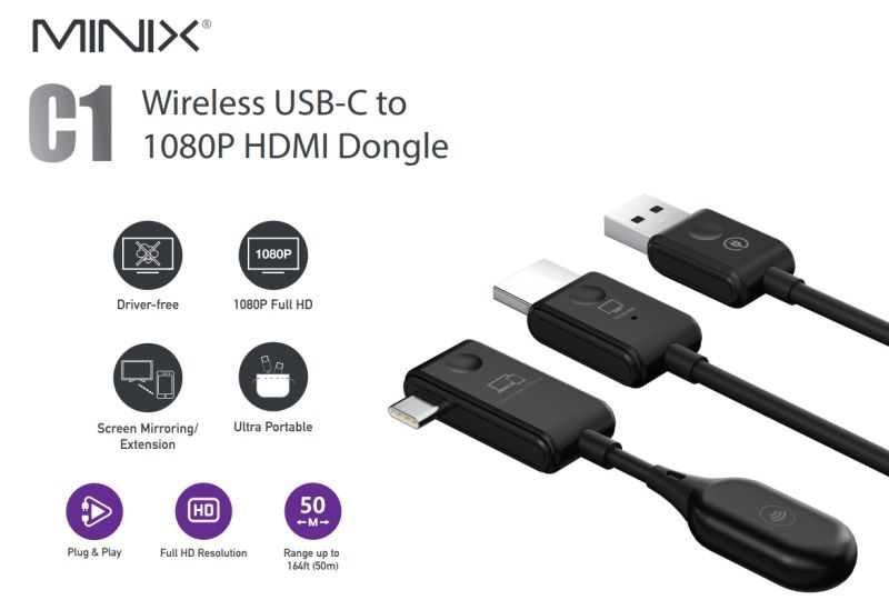 Minix C1 Wireless USB-C to HDMI Wireless Display Dongle 無線投屏器, 電腦＆科技, 電腦周邊及配件, 電腦線、轉接線及轉換器 ...