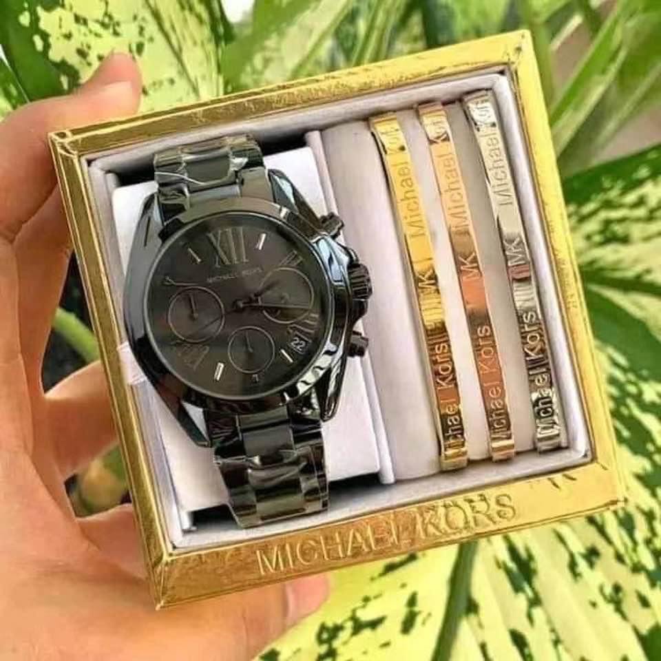 MK SET WITH BANGLES SMALL BRADSHAW ALL BLACK DIAL AUTHENTIC WATCH ...