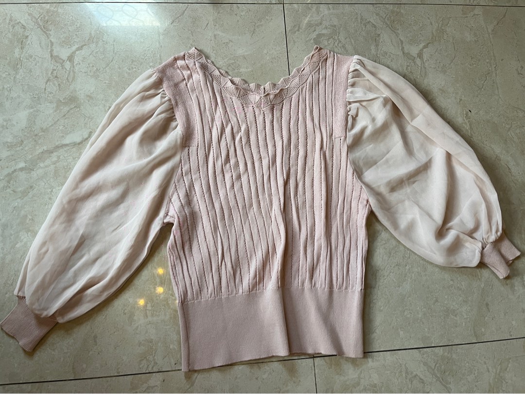 Pastel Pink Puff Korean Top, Women's Fashion, Tops, Longsleeves on ...