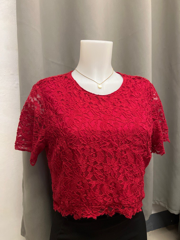 Red Lace Blouse Womens Fashion Tops Blouses On Carousell