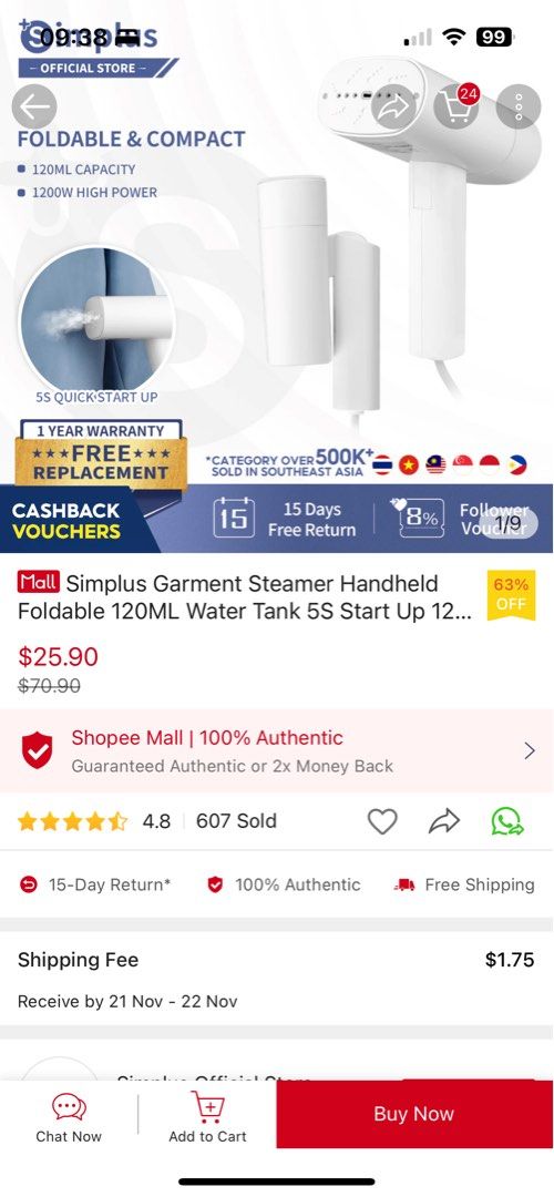 Simplus Garment Steamer Handheld Foldable 120ML Water Tank, TV & Home ...