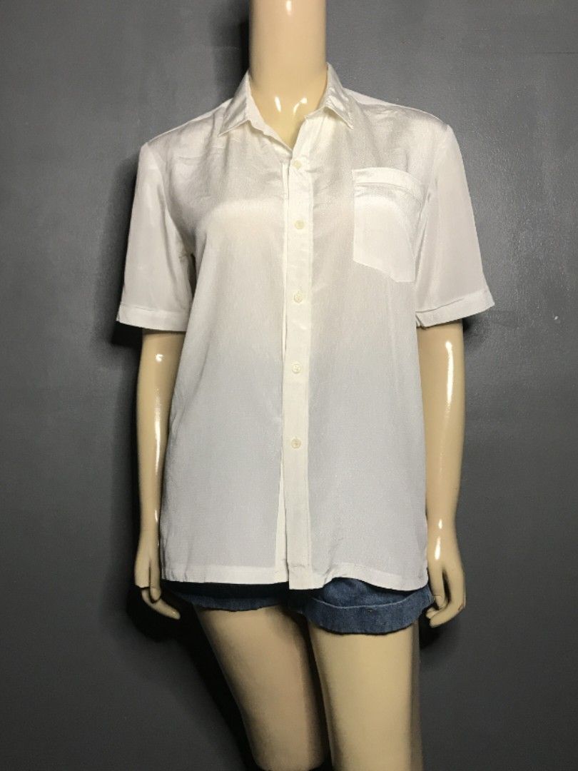 White Plain Texture Polo Blouse, Women's Fashion, Tops, Blouses on ...