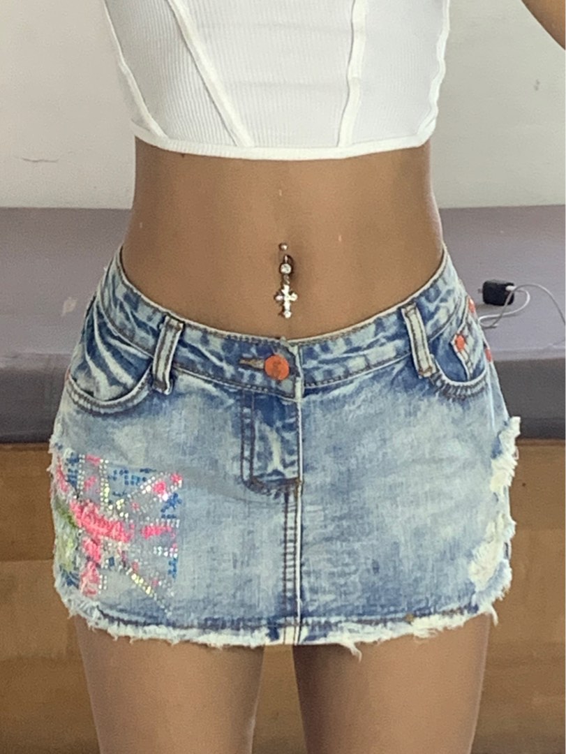 y2k rhinestones mini micro denim skirt, Women's Fashion, Bottoms ...