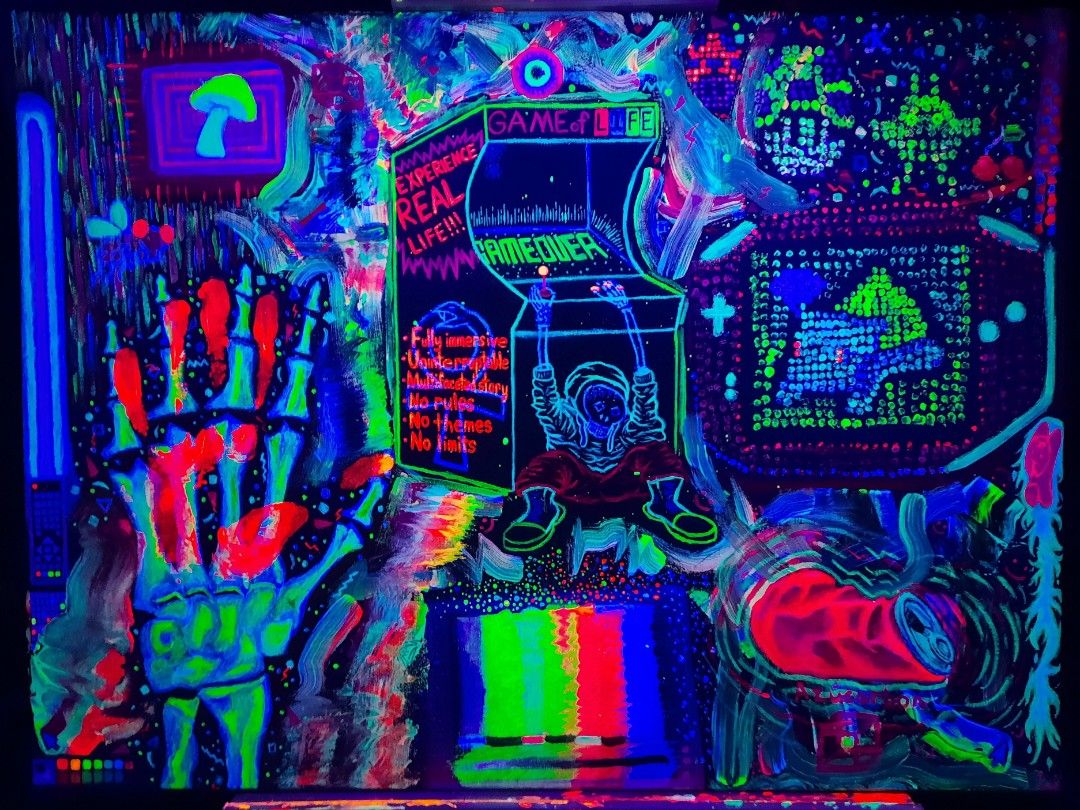 acrylic and fluorescent painting with video game motif and glows under ...
