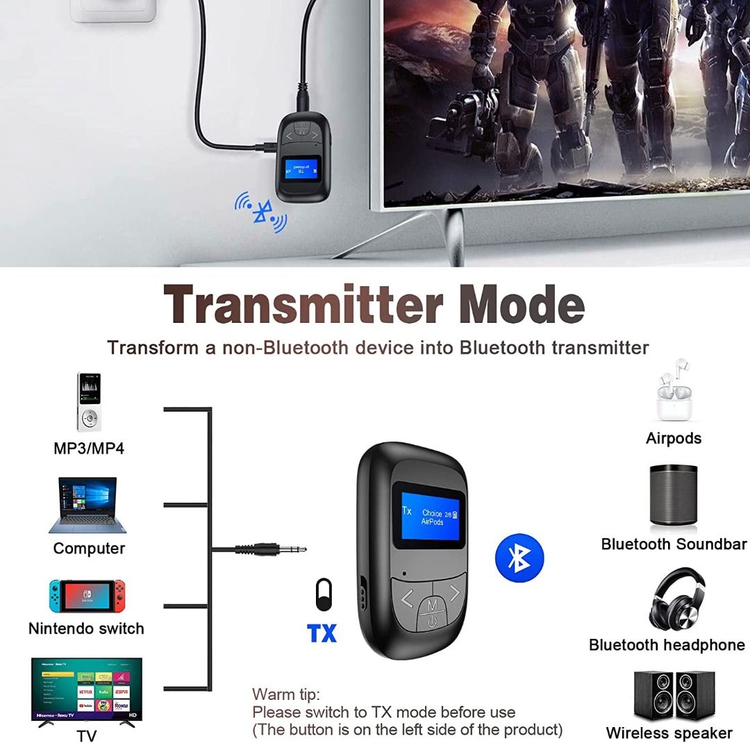Bluetooth Audio Transmitter (Transmit/Receive) Adapter with Display ...