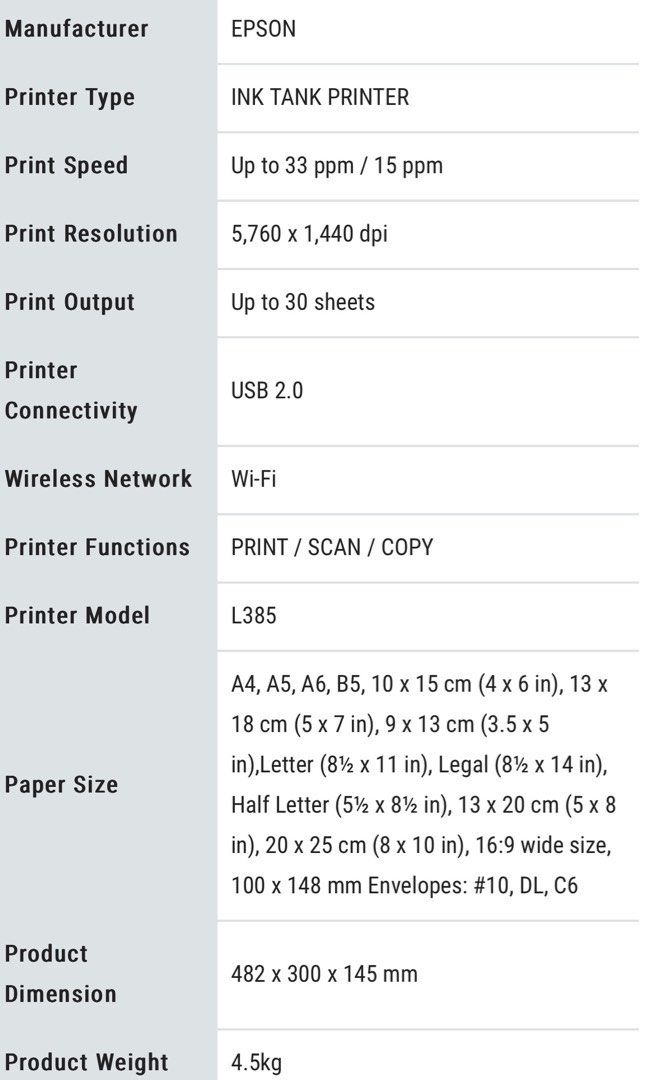Epson L385 Wifi all-in one ink tank Printer, Computers & Tech, Printers ...