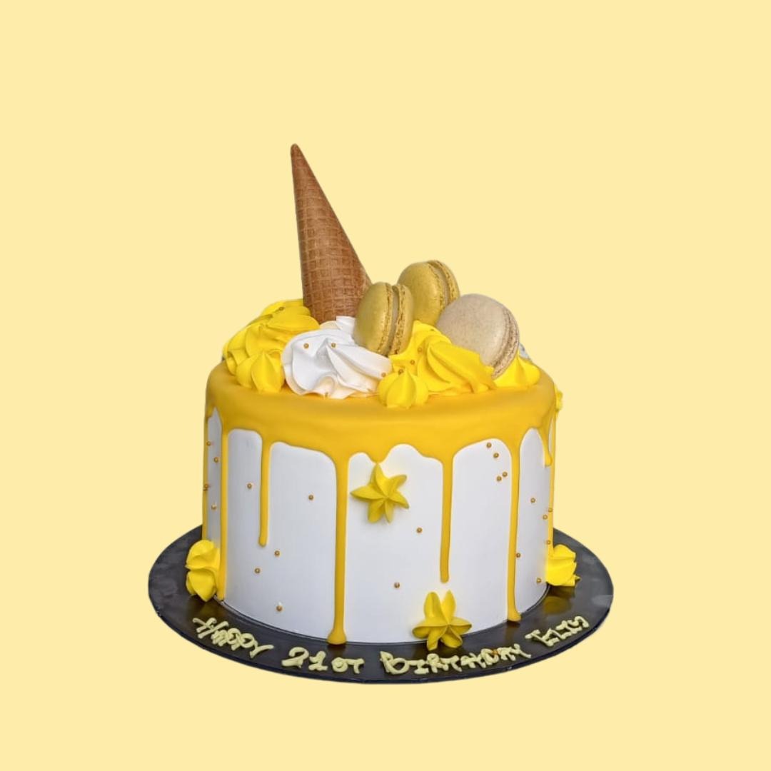 Halal-Certified Yellow Macaron Drip Cake, Food & Drinks, Homemade Bakes ...