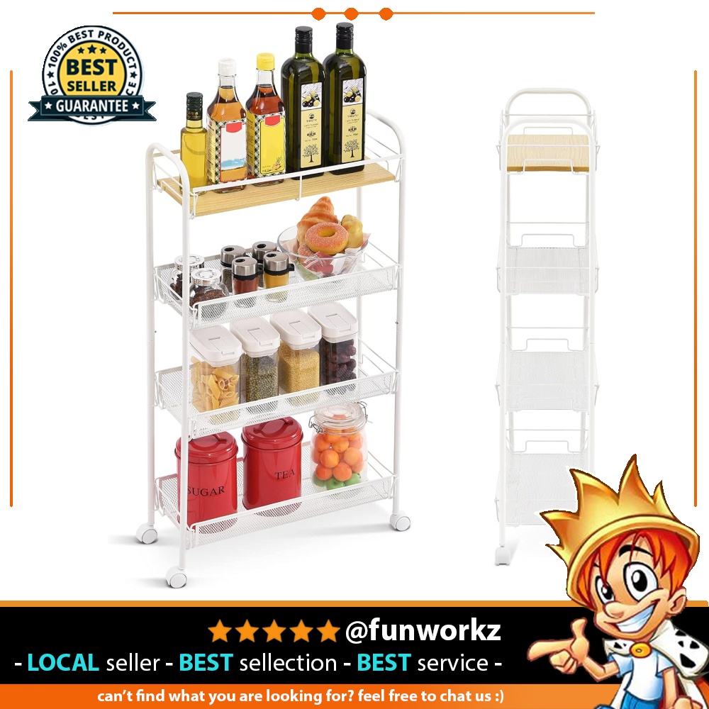 KINGRACK 4-Tier Slim Rolling Storage Cart with Wooden Tabletop,Skinny ...