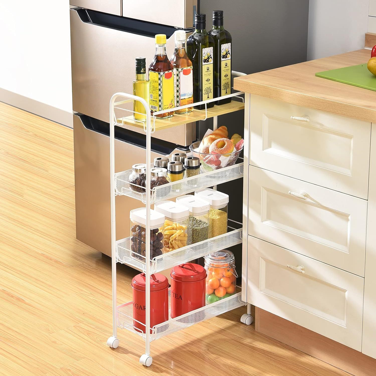 KINGRACK 4-Tier Slim Rolling Storage Cart with Wooden Tabletop,Skinny ...