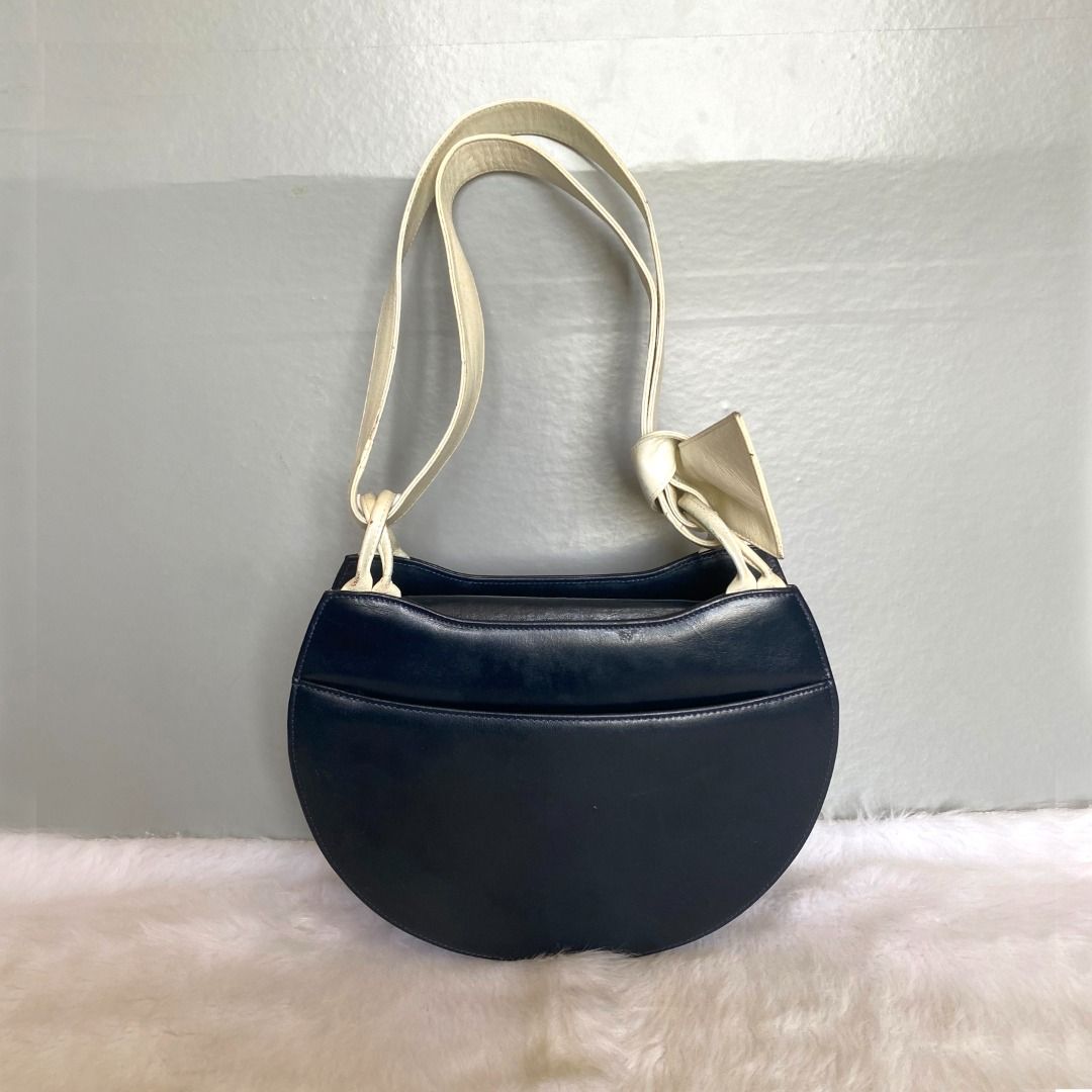 Kitamura Motomachi Vintage Navy White Half Moon Leather Shoulder Bag ...