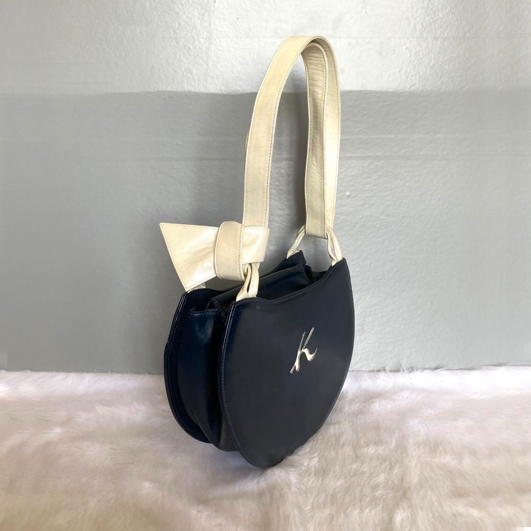 Kitamura Motomachi Vintage Navy White Half Moon Leather Shoulder Bag ...