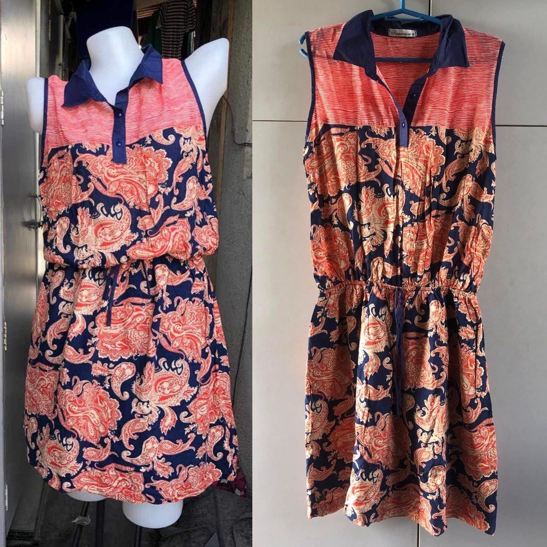 Peppermint Orange Blue Paisley Design Office Mini Dress Collared Dress ...