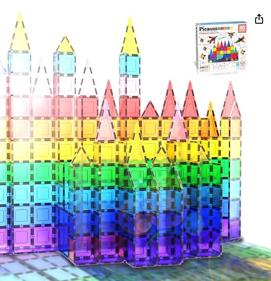 PicassoTiles 60 Piece Set 60pcs Magnet Building Tiles Clear Magnetic 3D Building Blocks ...