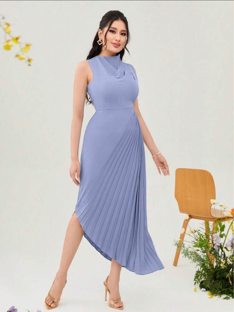 SHEIN MODELY MOCK NECK PLEATED ASYMMETRICAL DRESS, Women's Fashion ...