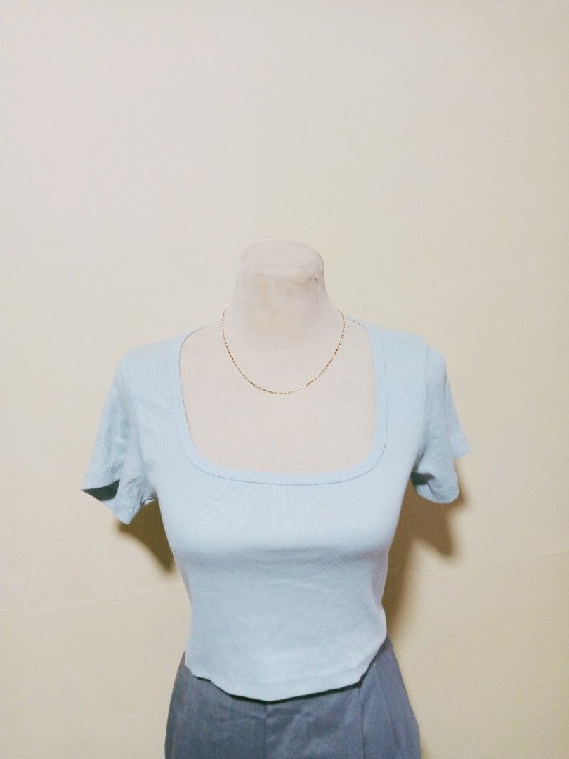 Sky blue square neck top, Women's Fashion, Tops, Blouses on Carousell
