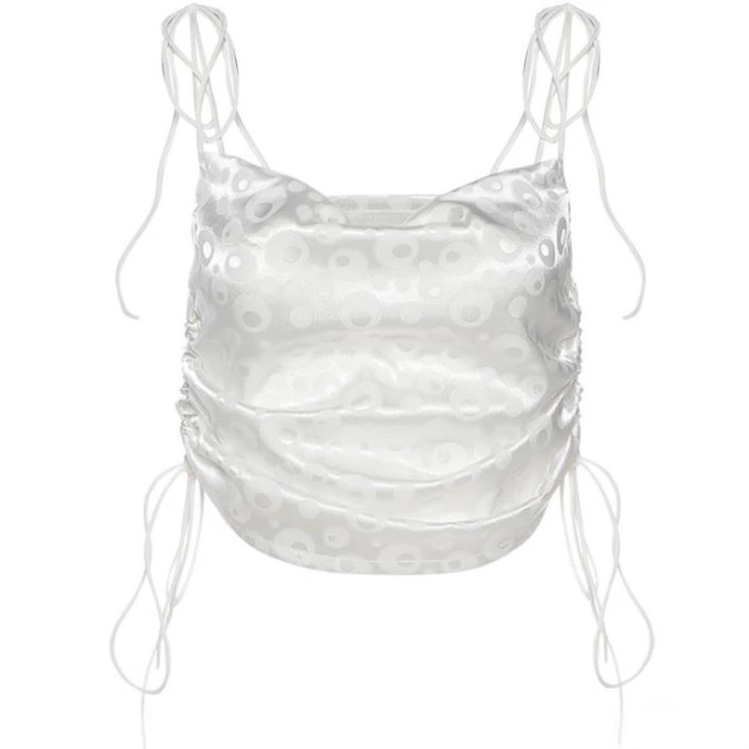 white polka satin cowl neck stringy top, Women's Fashion, Tops ...