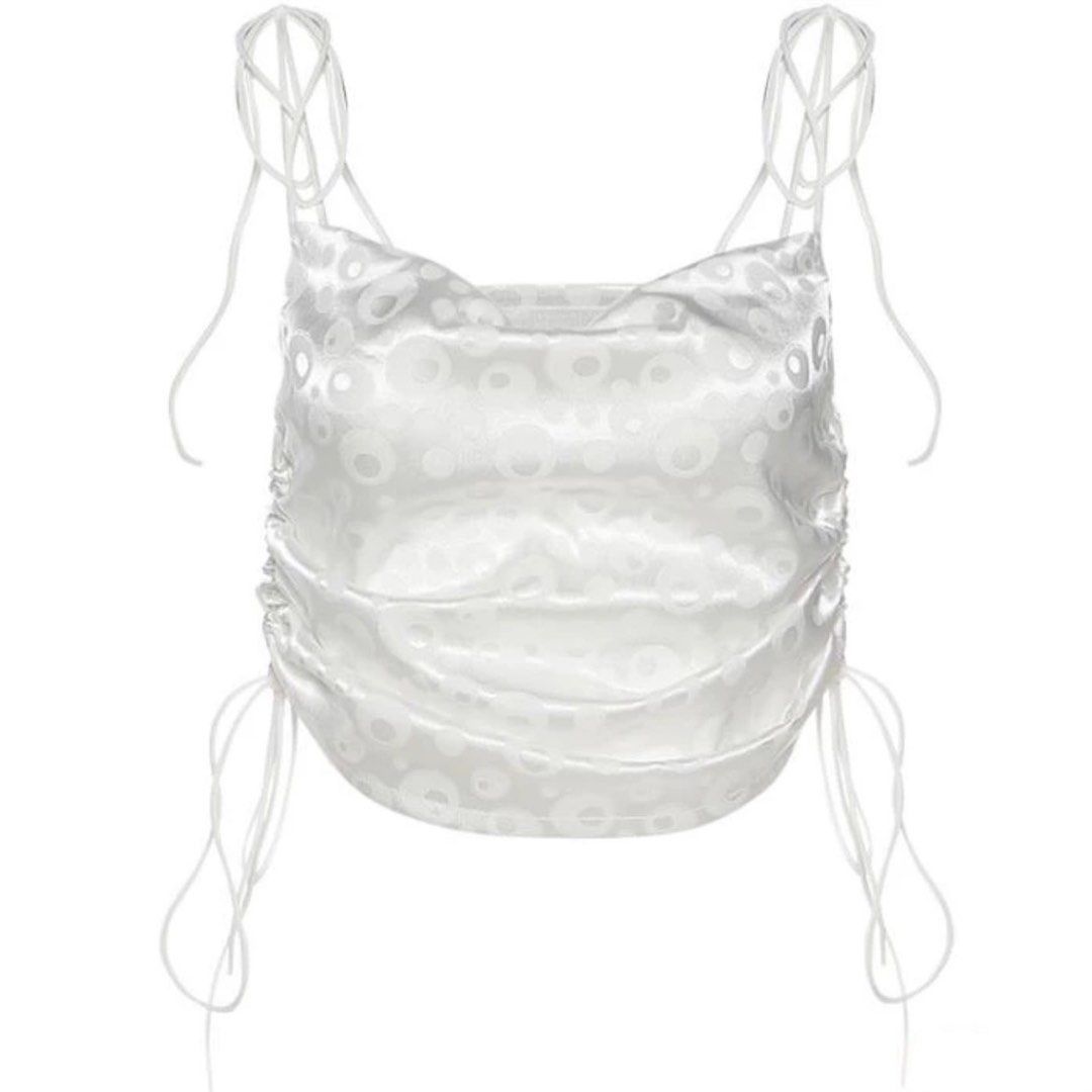 white polka satin cowl neck stringy top, Women's Fashion, Tops ...
