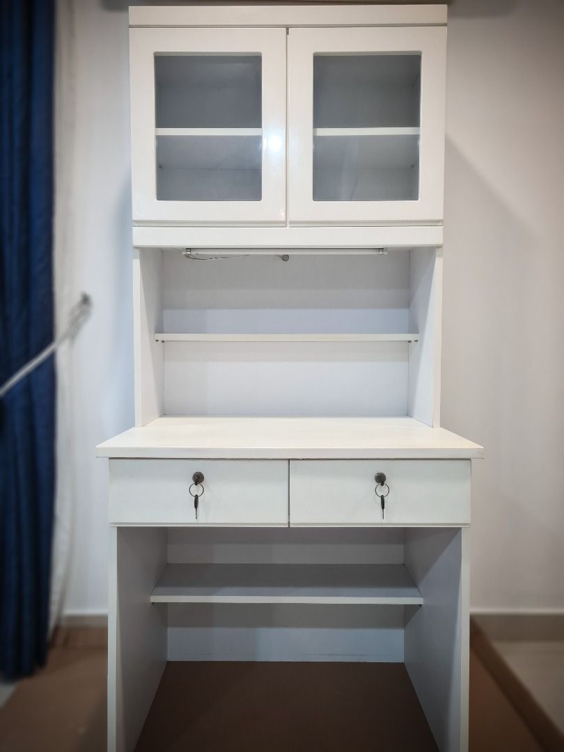 White Study/Work Desk with Display Cabinet and Drawers, Furniture ...