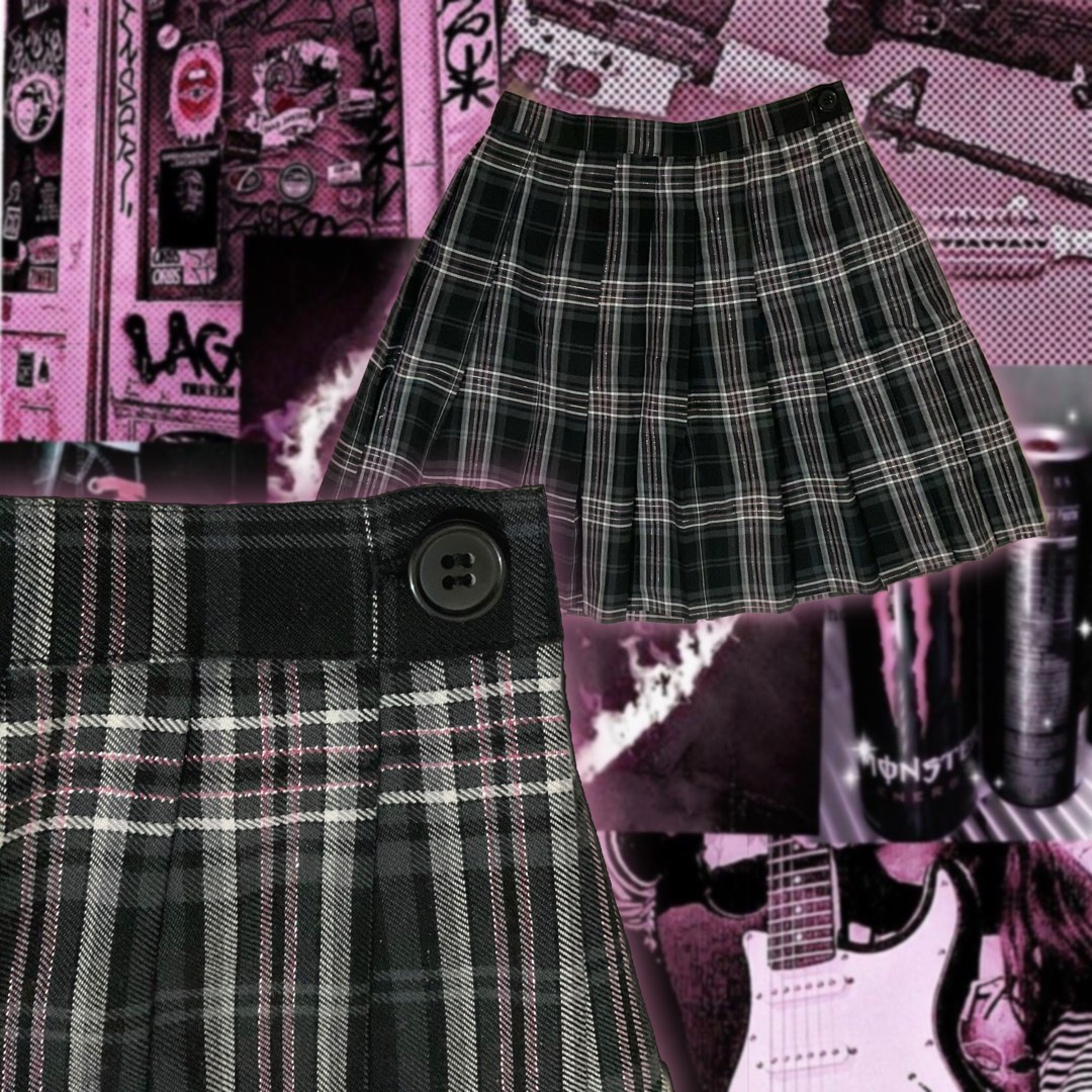 Y2k preppy punk grunge pink black white checkered tennis skirt, Women's ...