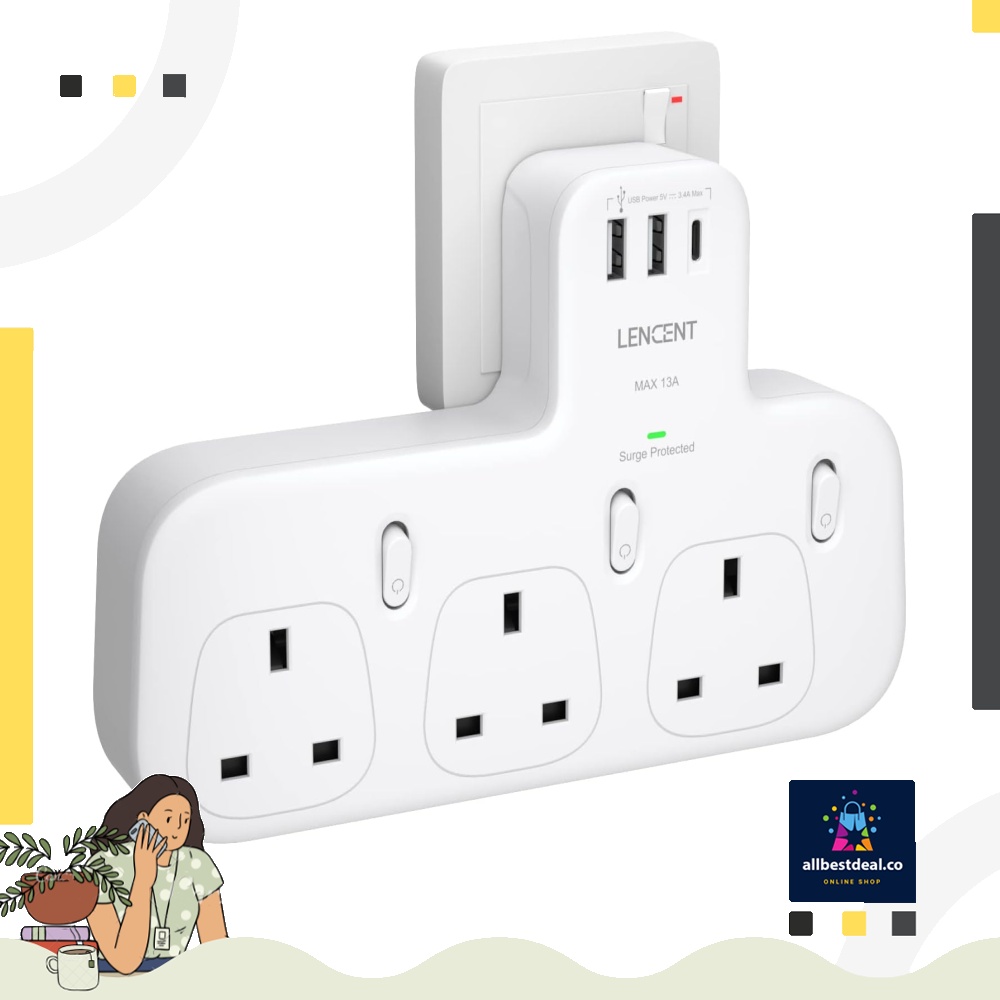 3 Way Plug Extension with 1 USB C and 2 USB Ports, LENCENT 3 AC Wall ...